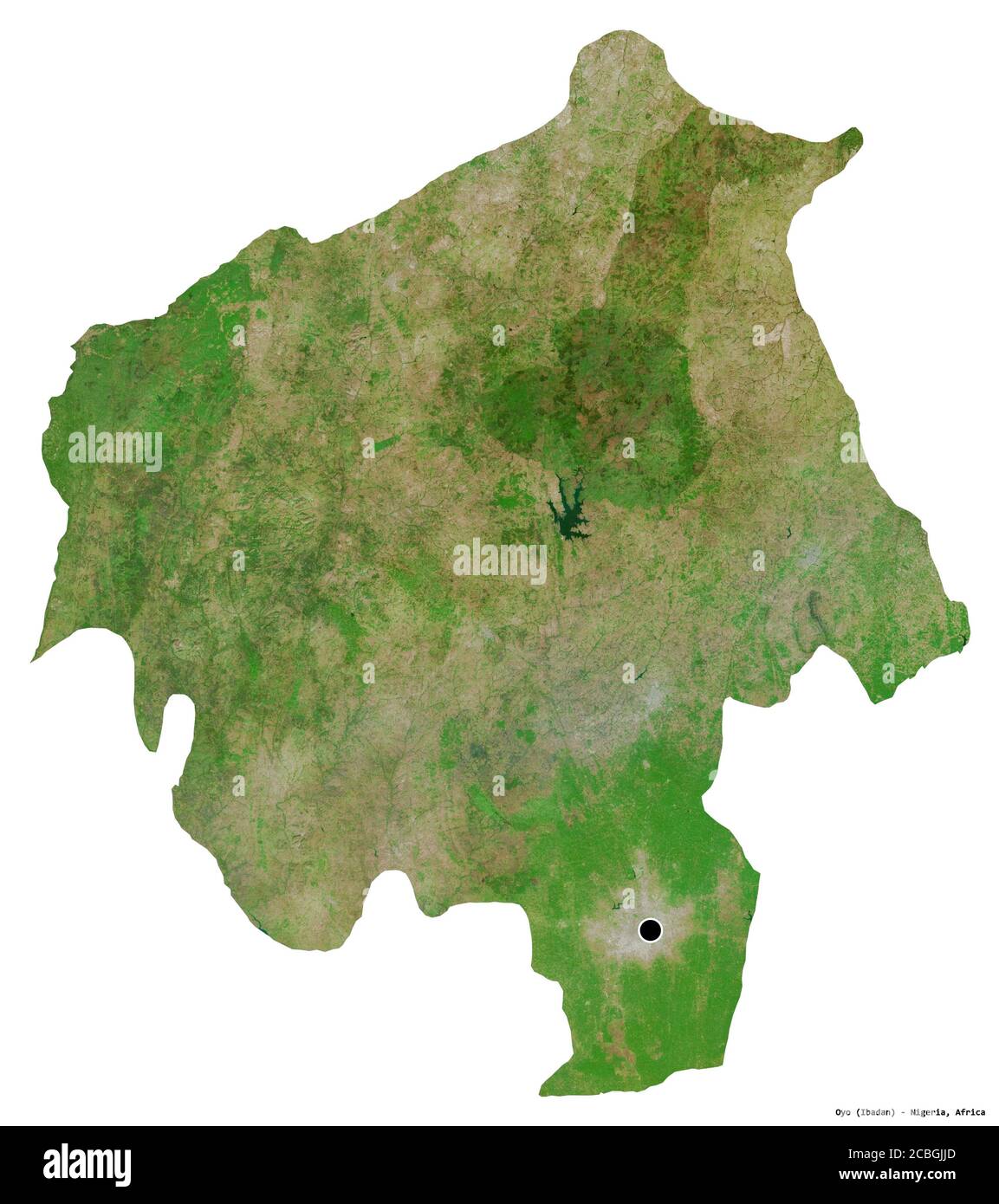 Shape of Oyo, state of Nigeria, with its capital isolated on white ...