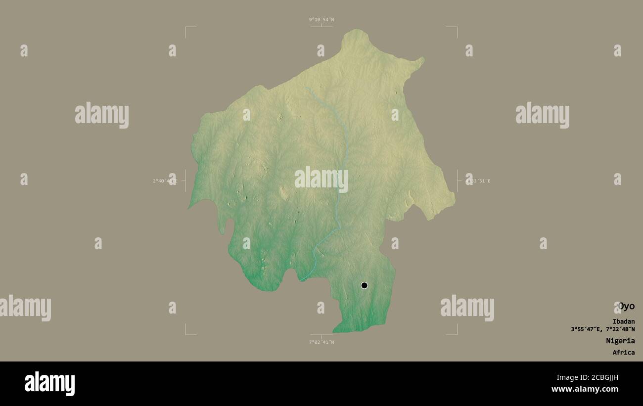 Area of Oyo, state of Nigeria, isolated on a solid background in a ...