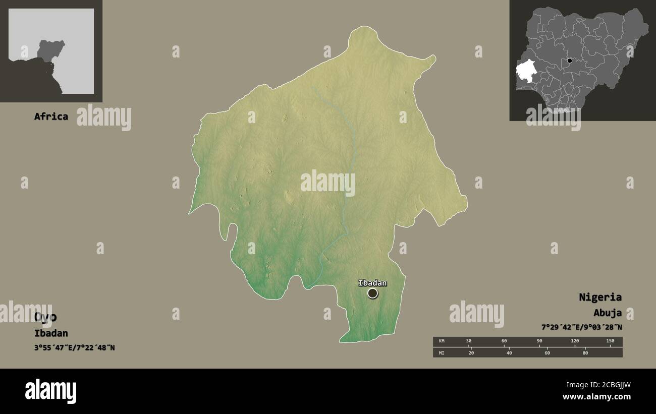 Shape of Oyo, state of Nigeria, and its capital. Distance scale ...