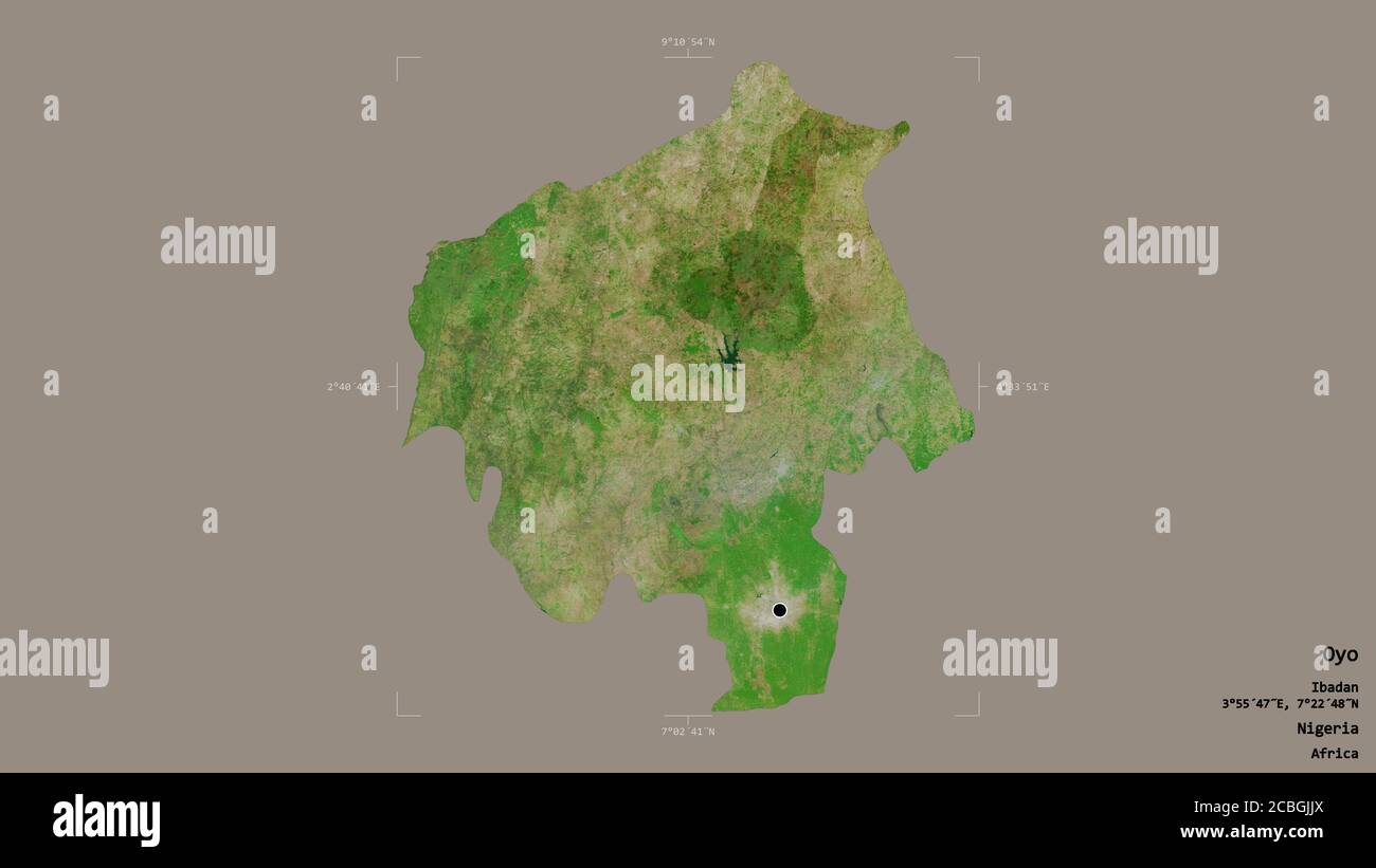 Area of Oyo, state of Nigeria, isolated on a solid background in a ...
