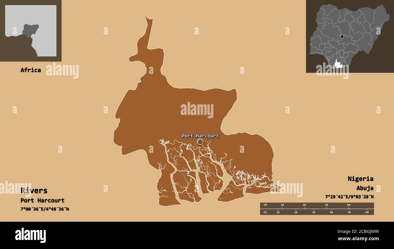 Shape of Rivers, state of Nigeria, and its capital. Distance scale ...