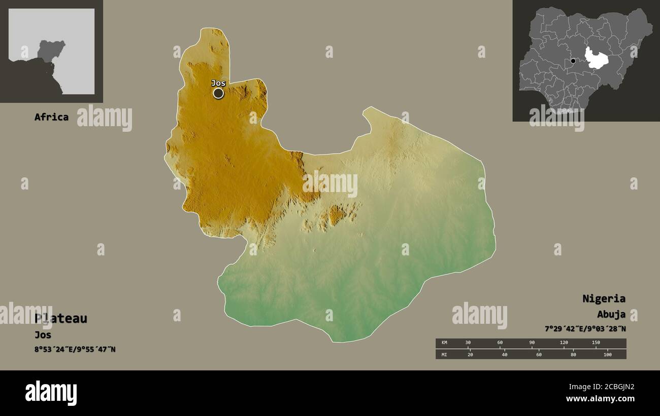 Shape of Plateau, state of Nigeria, and its capital. Distance scale ...