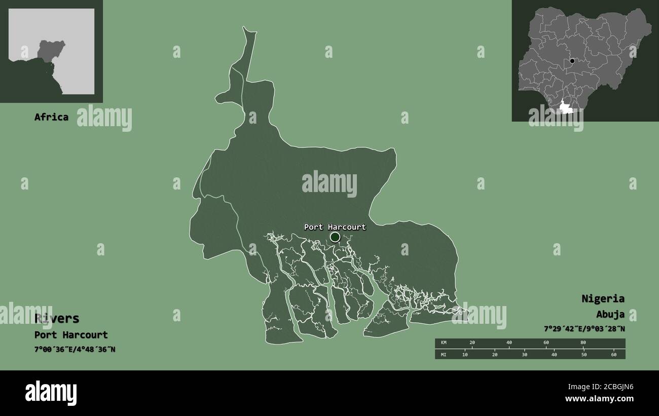 Shape of Rivers, state of Nigeria, and its capital. Distance scale ...