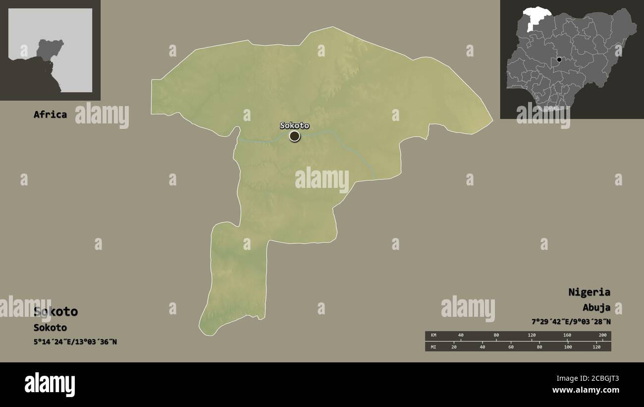 Shape of Sokoto, state of Nigeria, and its capital. Distance scale ...
