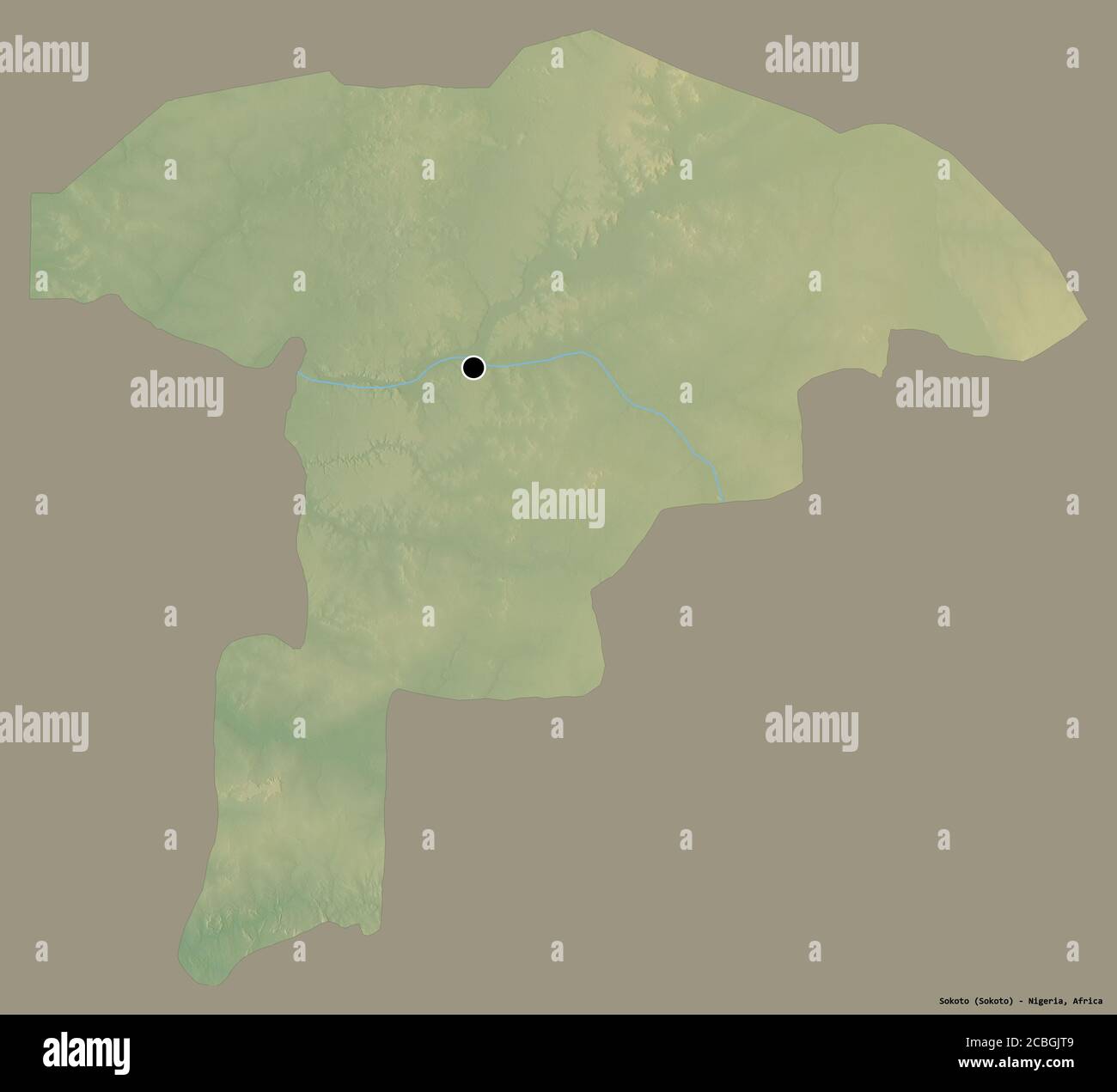 Shape of Sokoto, state of Nigeria, with its capital isolated on a solid ...