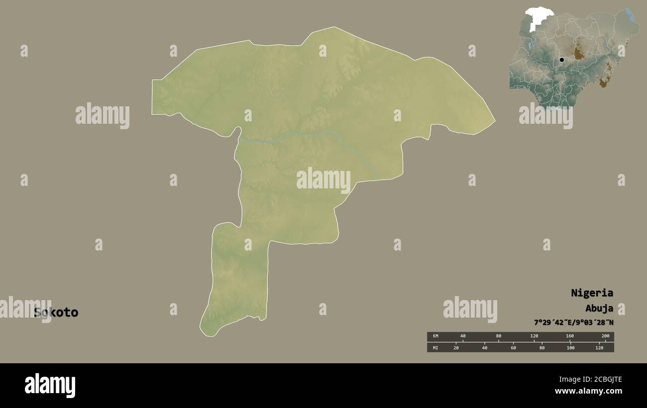 Shape of Sokoto, state of Nigeria, with its capital isolated on solid ...