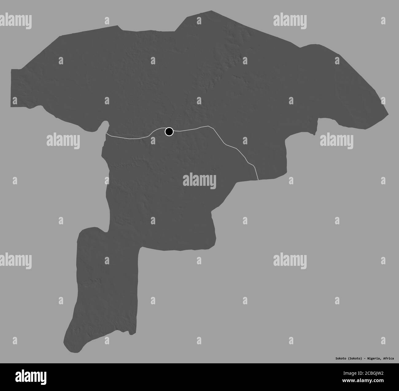 Shape of Sokoto, state of Nigeria, with its capital isolated on a solid ...