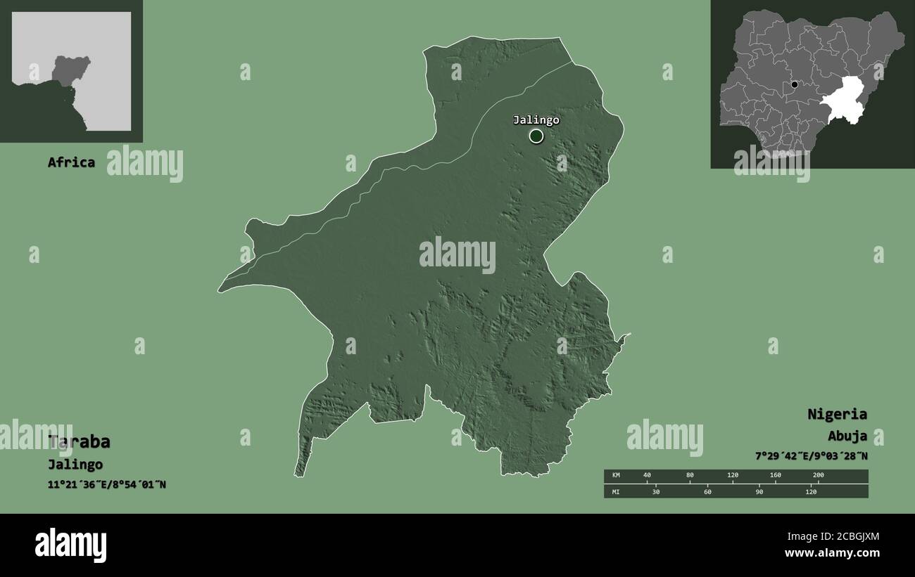 Shape of Taraba, state of Nigeria, and its capital. Distance scale ...
