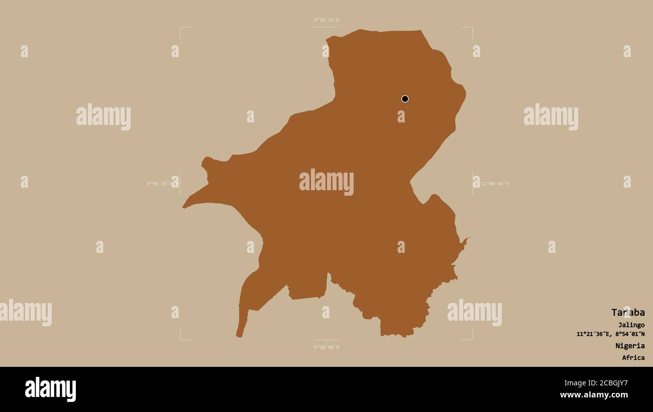 Area of Taraba, state of Nigeria, isolated on a solid background in a ...
