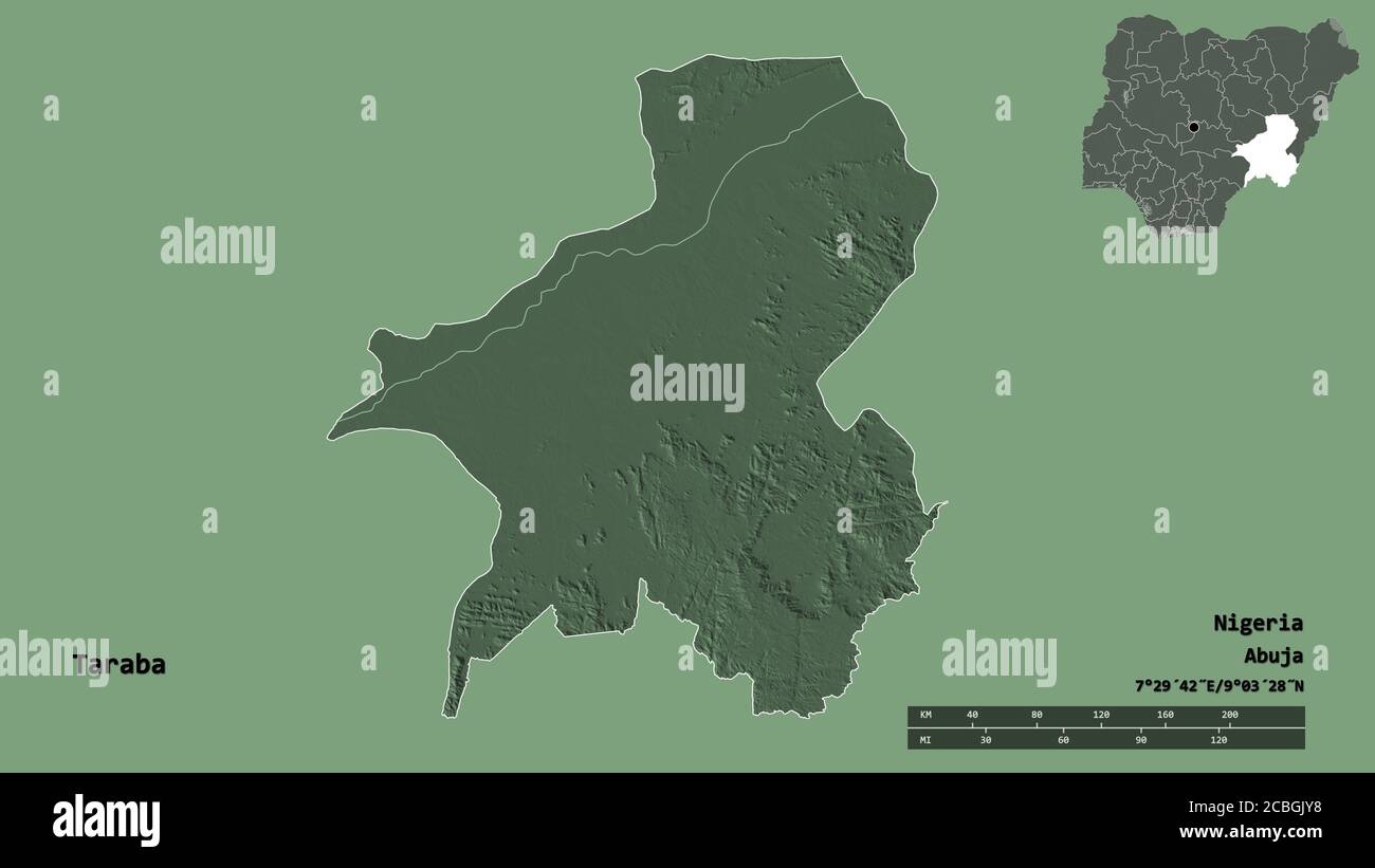 Shape of Taraba, state of Nigeria, with its capital isolated on solid ...
