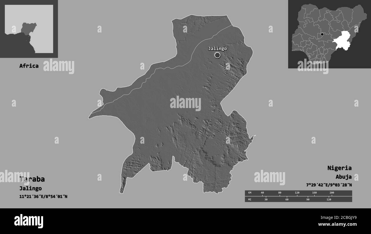 Shape of Taraba, state of Nigeria, and its capital. Distance scale ...