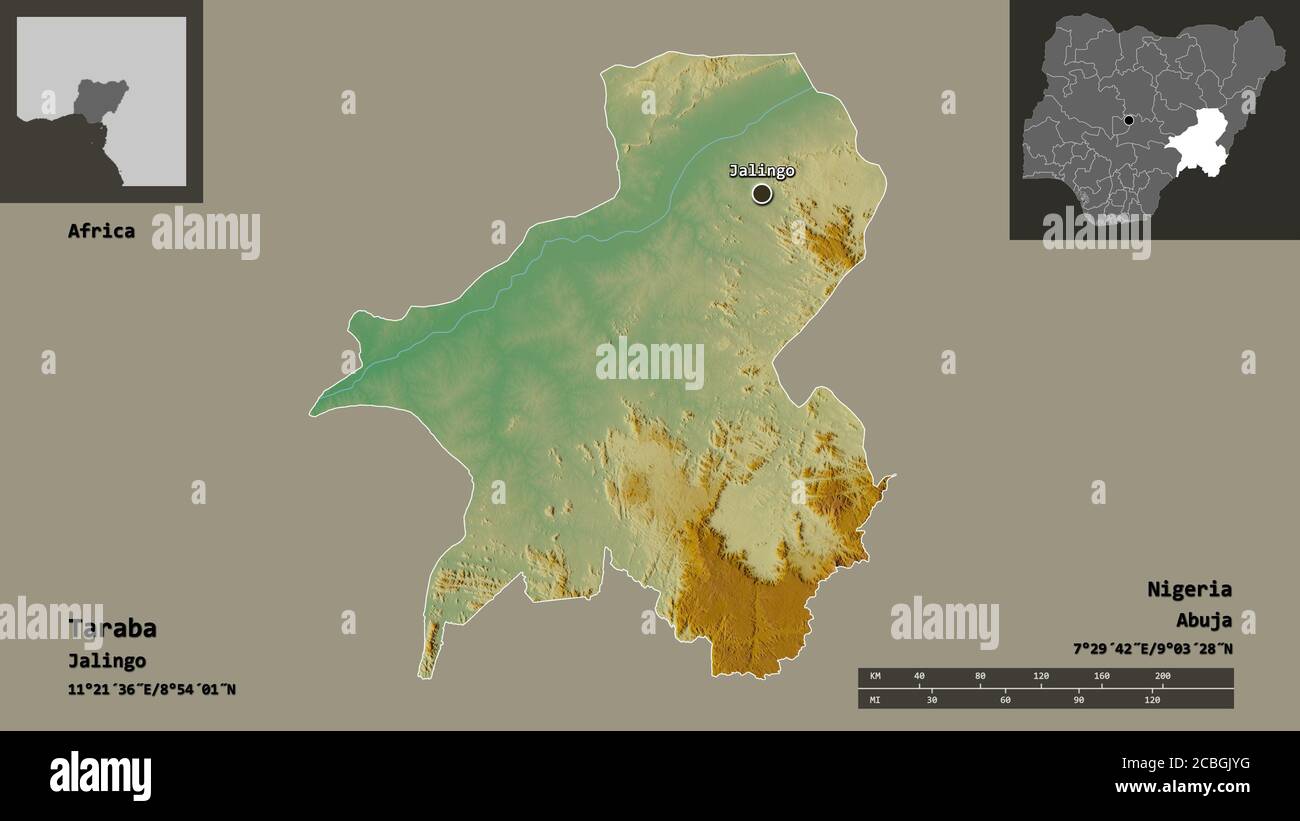 Shape of Taraba, state of Nigeria, and its capital. Distance scale ...