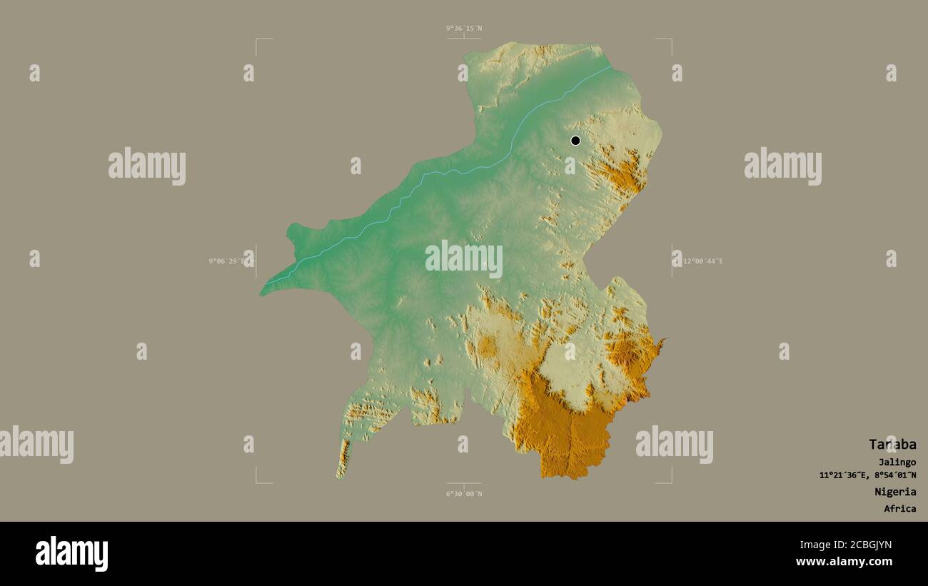 Area of Taraba, state of Nigeria, isolated on a solid background in a ...