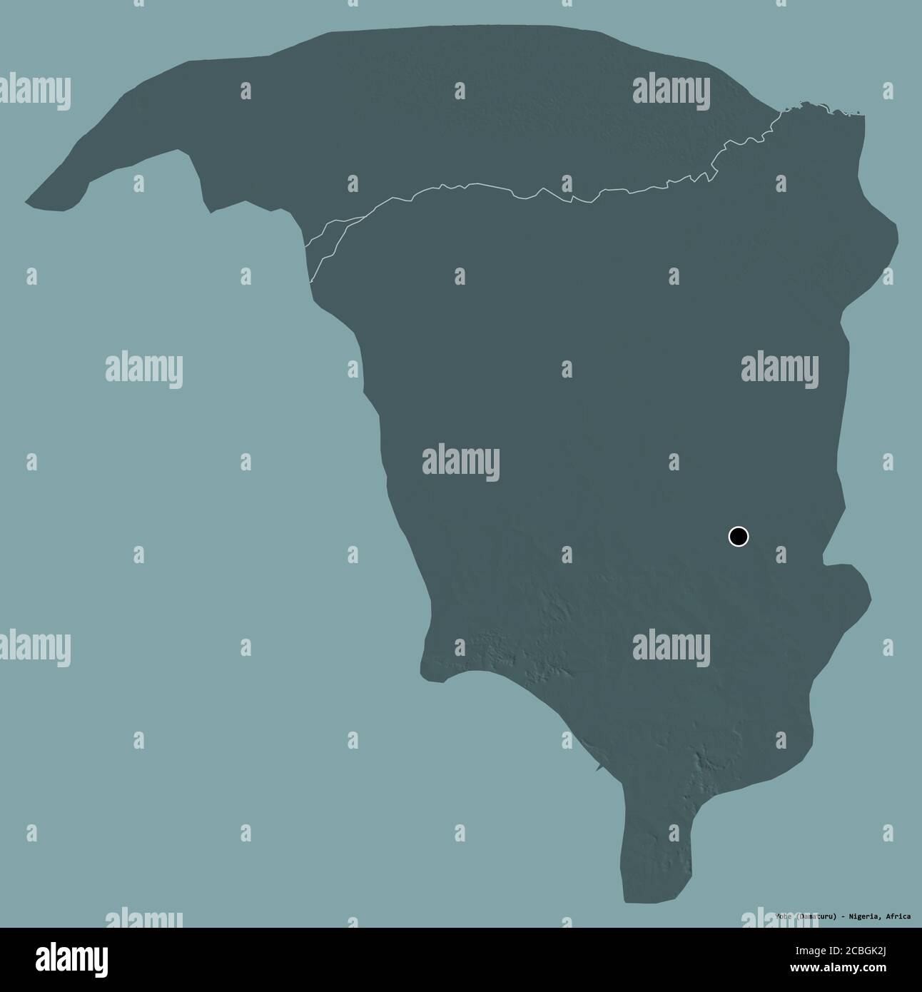 Shape of Yobe, state of Nigeria, with its capital isolated on a solid ...