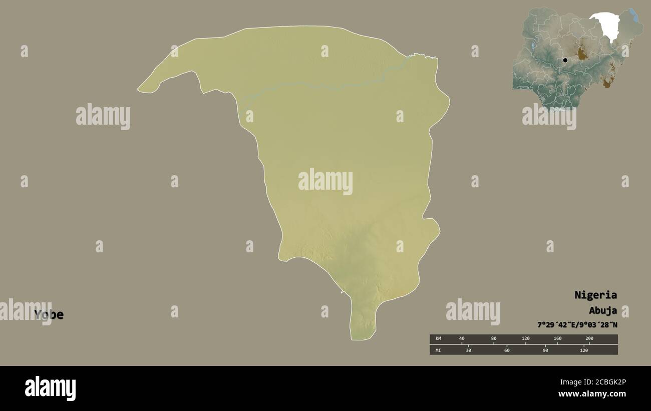 Shape of Yobe, state of Nigeria, with its capital isolated on solid ...