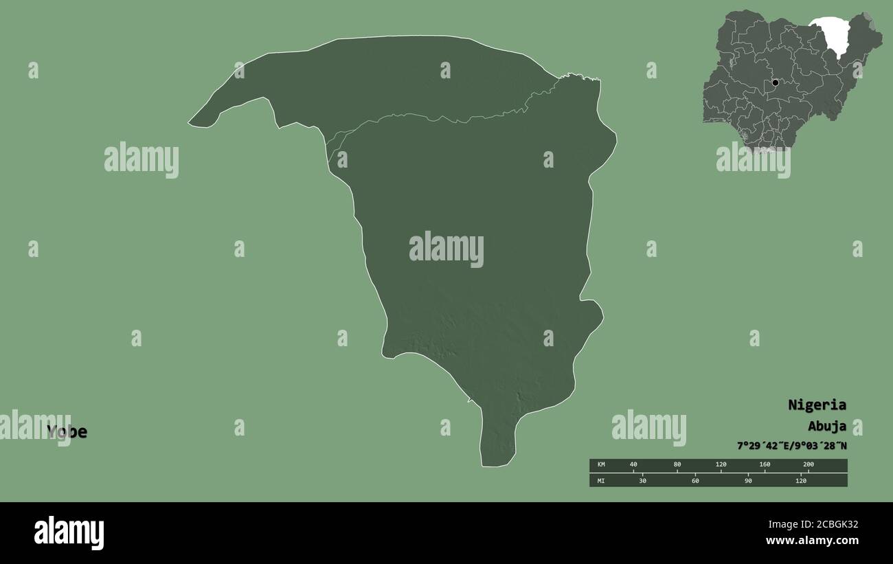 Shape of Yobe, state of Nigeria, with its capital isolated on solid ...