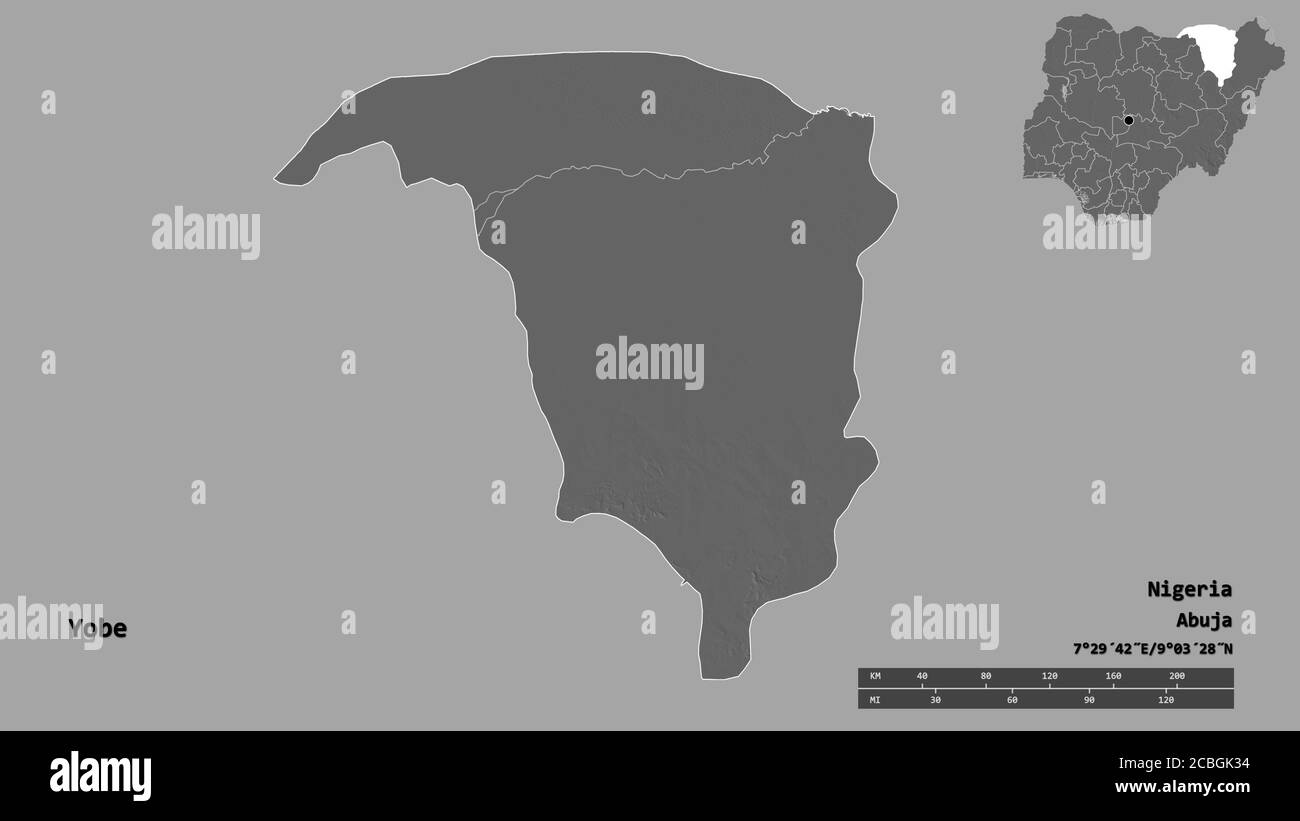 Shape of Yobe, state of Nigeria, with its capital isolated on solid ...