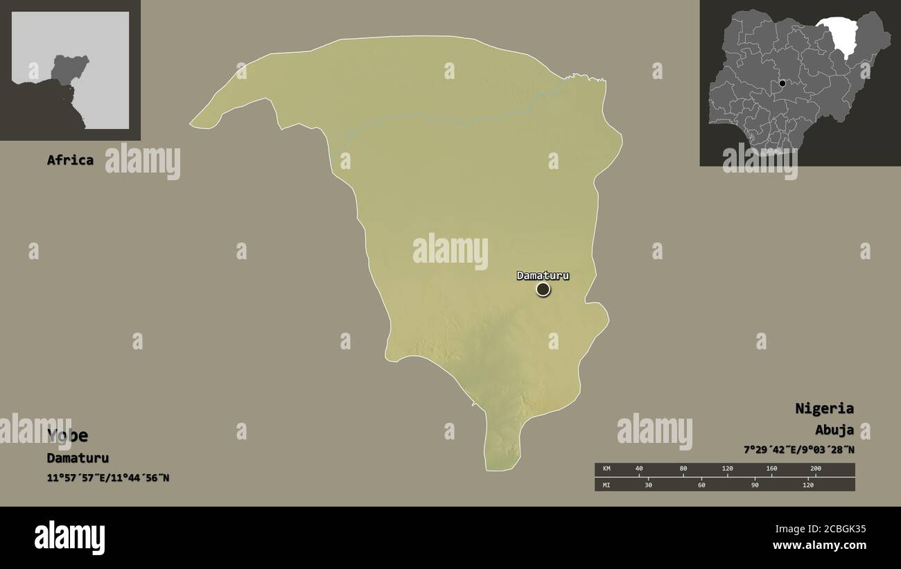 Shape of Yobe, state of Nigeria, and its capital. Distance scale ...
