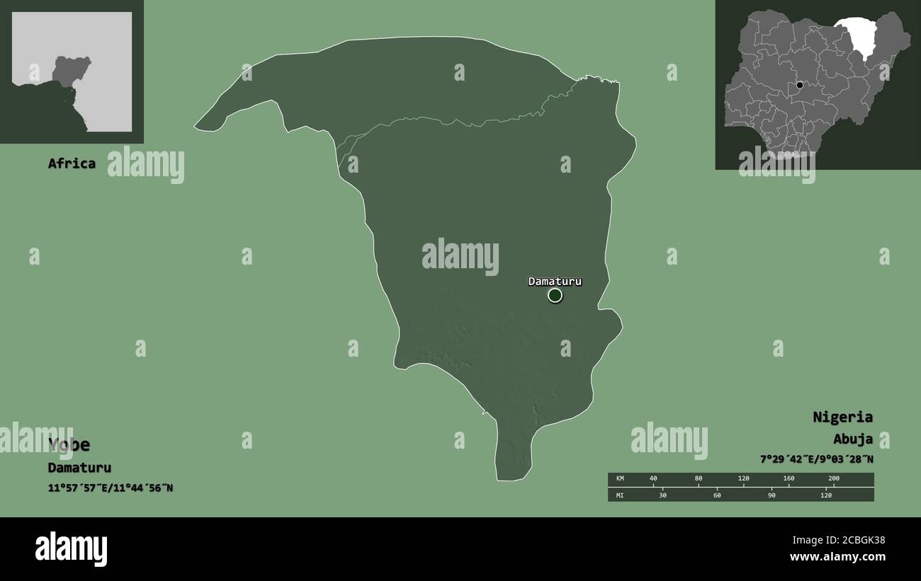 Shape of Yobe, state of Nigeria, and its capital. Distance scale ...