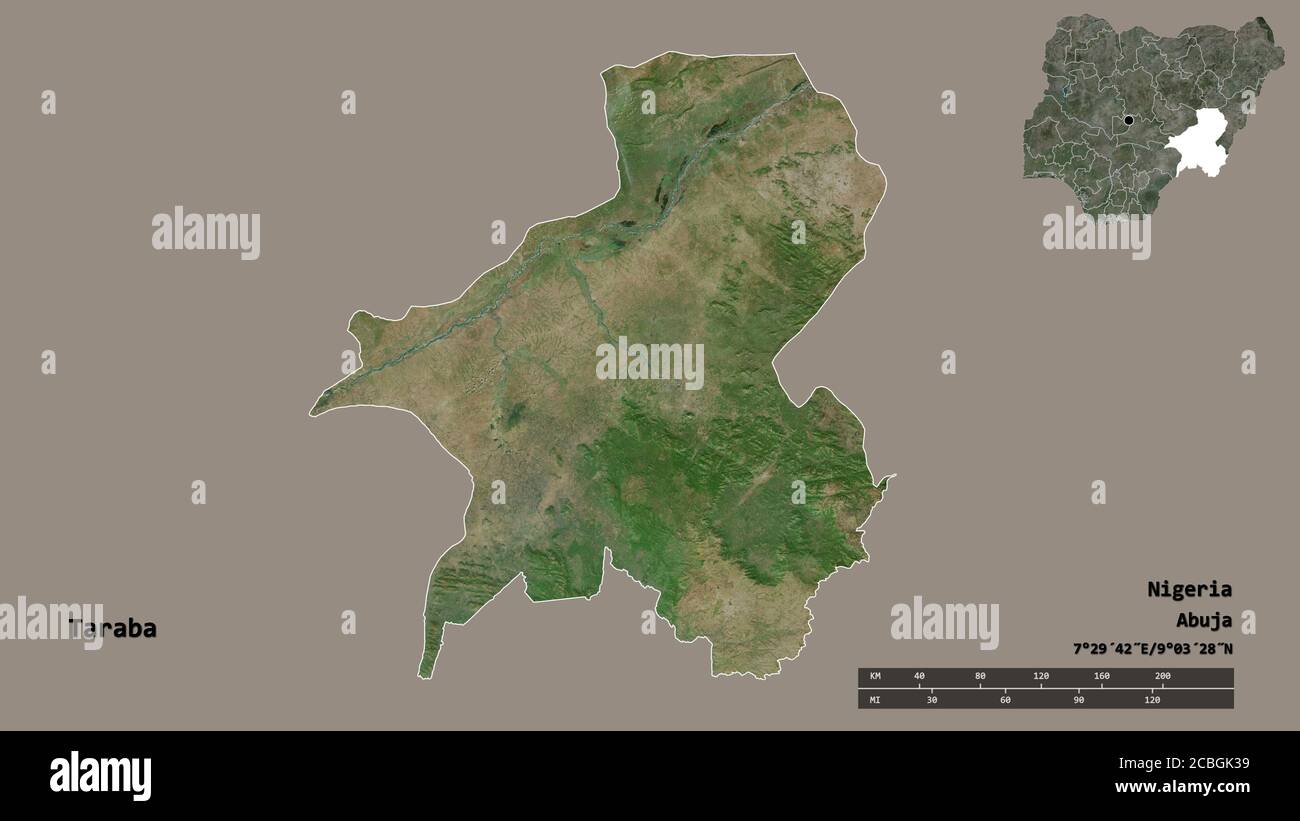 Shape of Taraba, state of Nigeria, with its capital isolated on solid ...