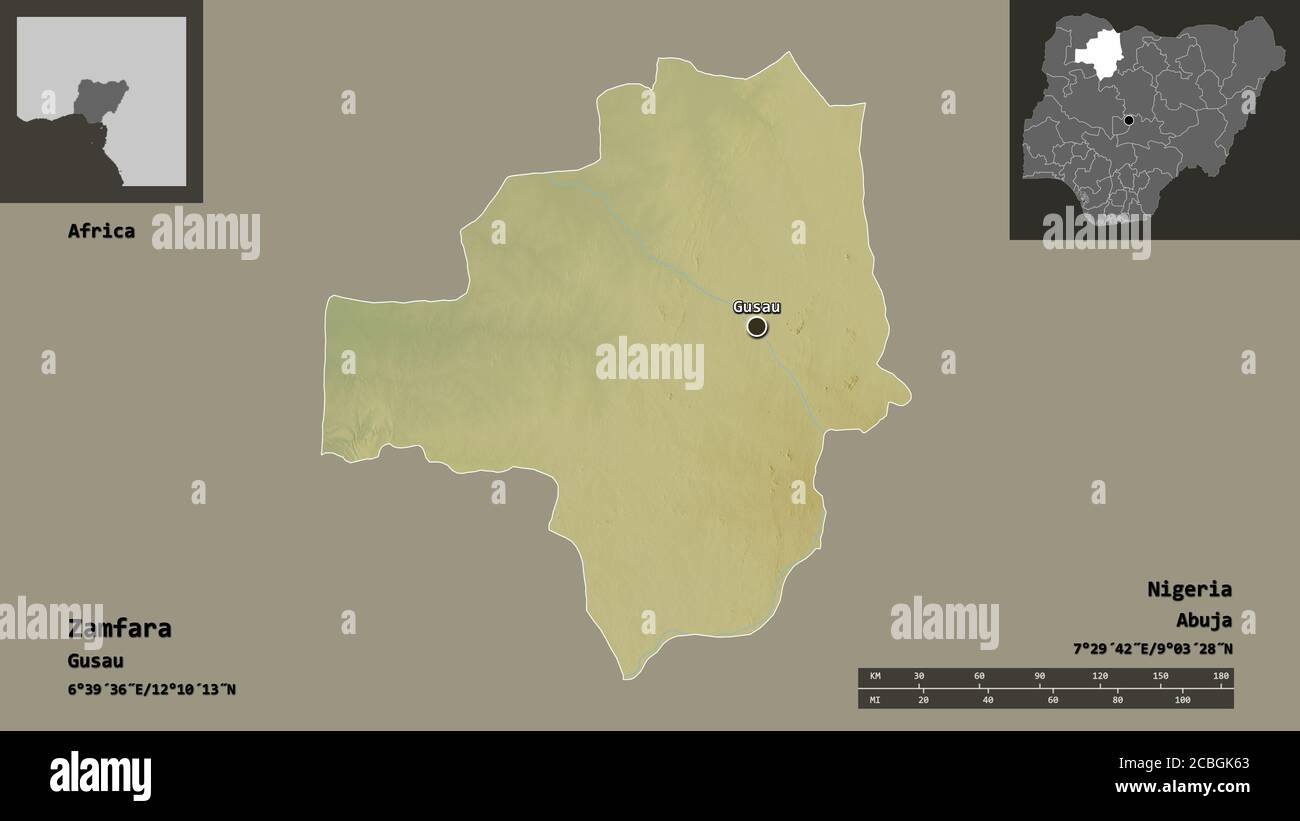 Shape of Zamfara, state of Nigeria, and its capital. Distance scale ...