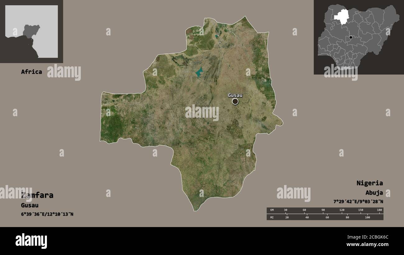 Shape of Zamfara, state of Nigeria, and its capital. Distance scale ...