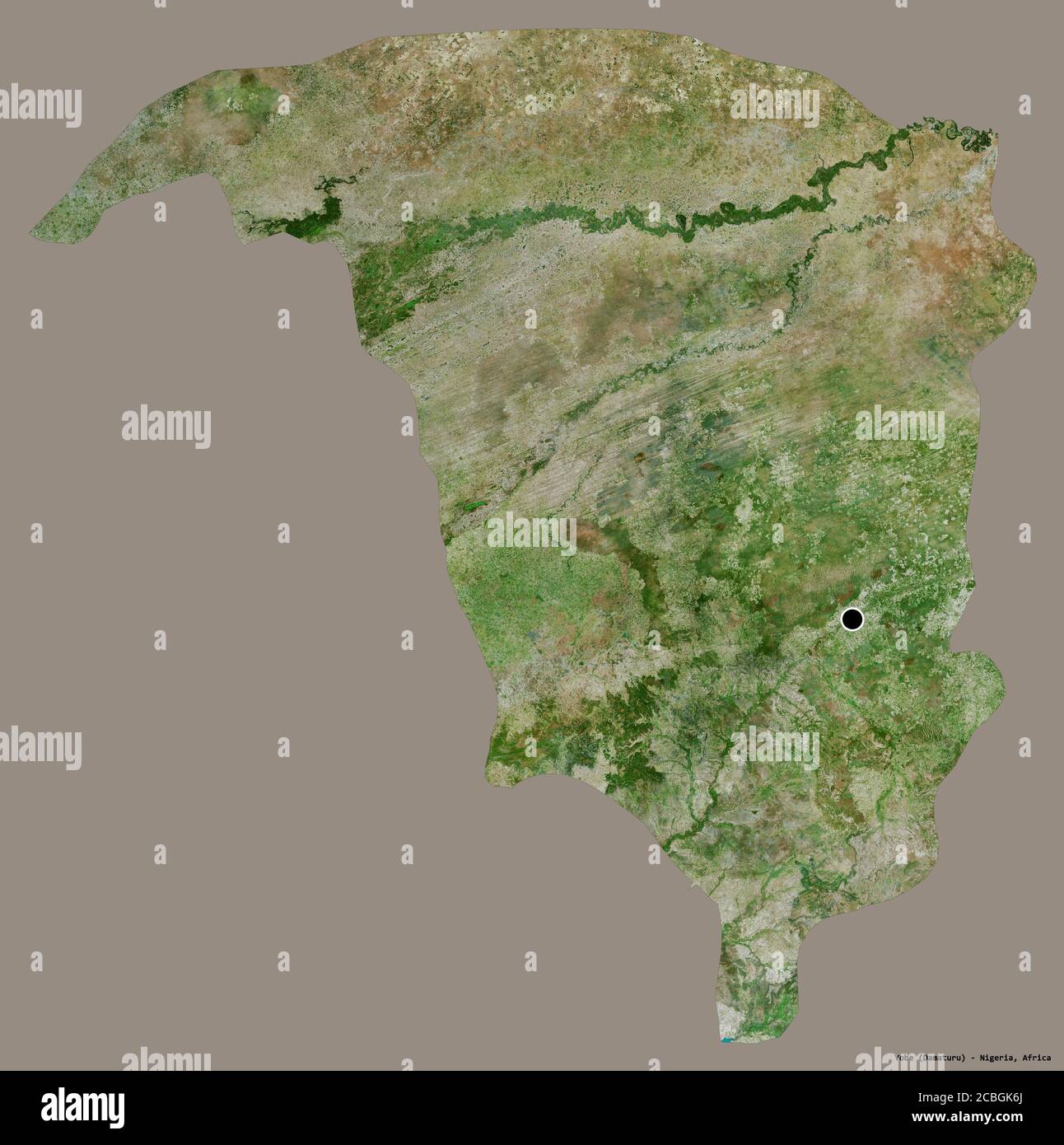 Shape of Yobe, state of Nigeria, with its capital isolated on a solid ...