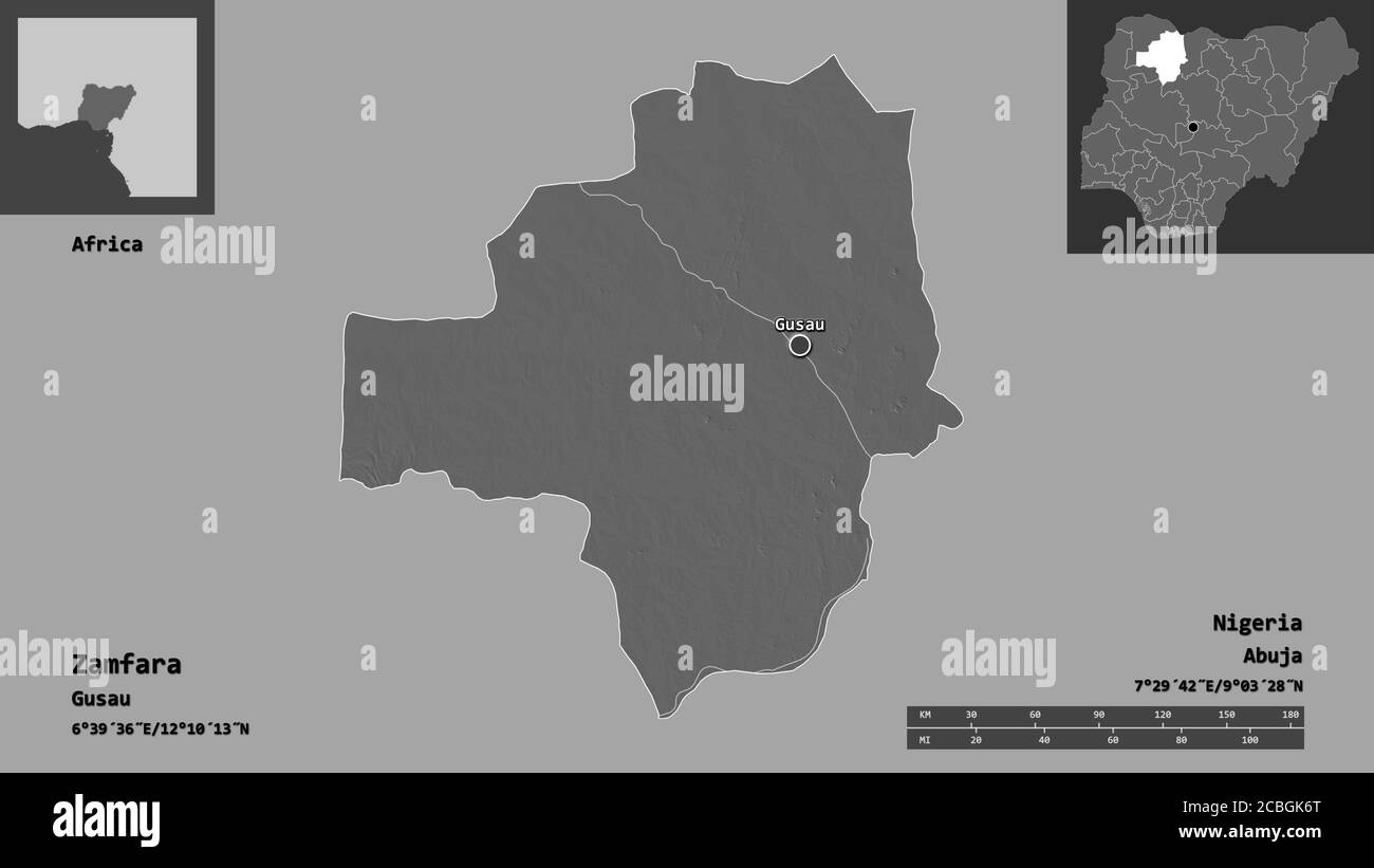 Shape of Zamfara, state of Nigeria, and its capital. Distance scale ...