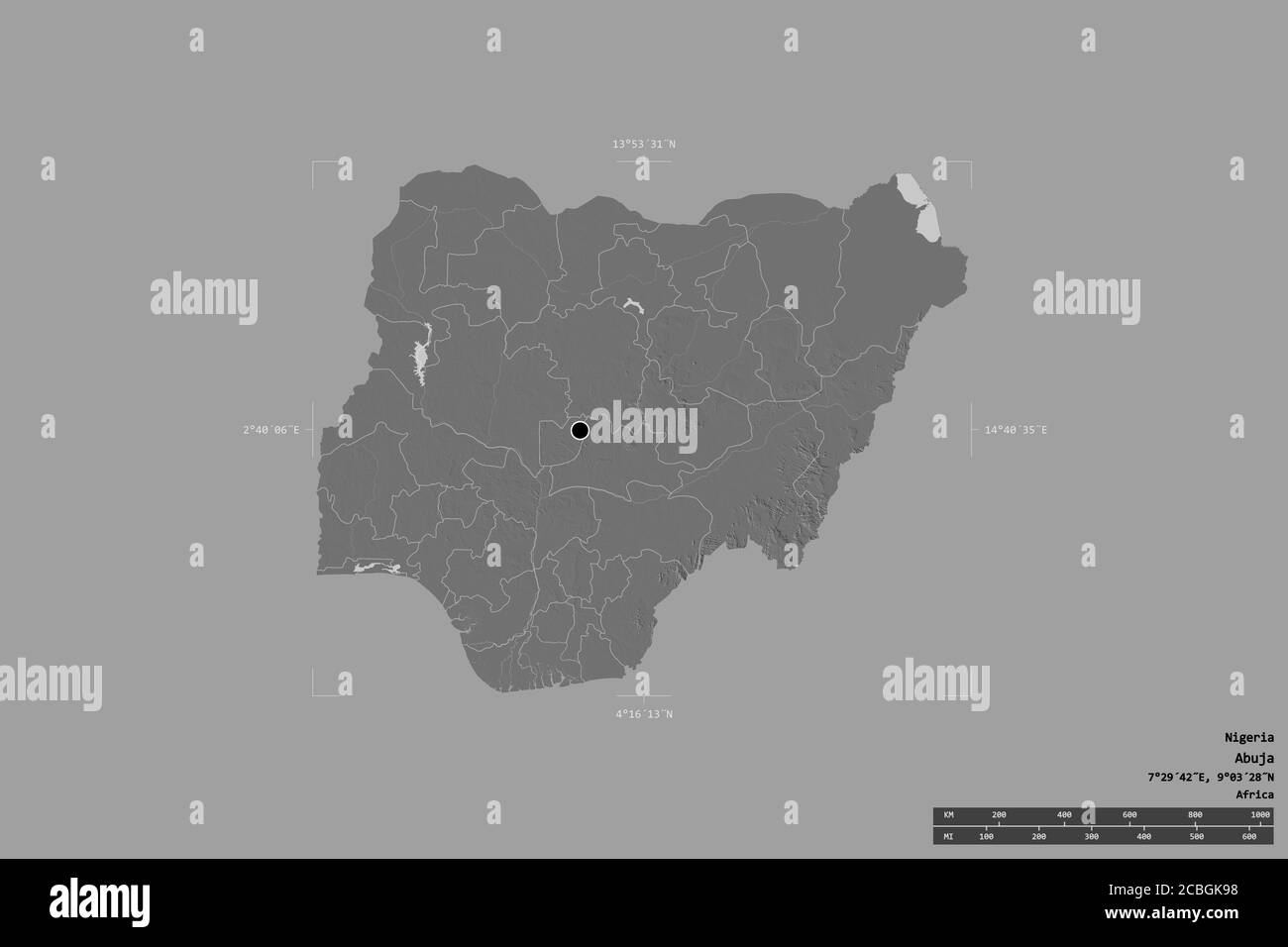 Area of Nigeria isolated on a solid background in a georeferenced ...