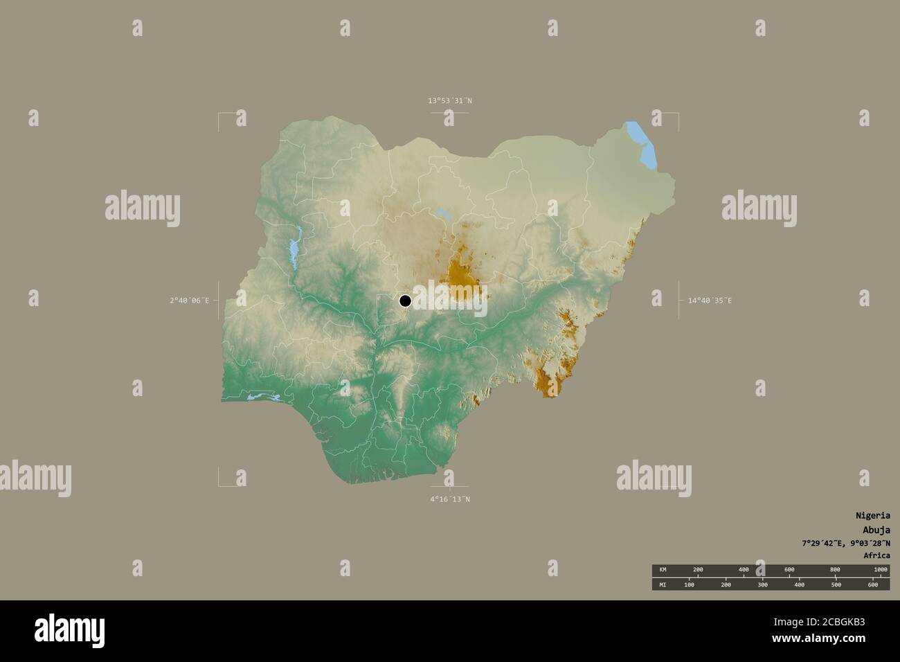 Area of Nigeria isolated on a solid background in a georeferenced ...