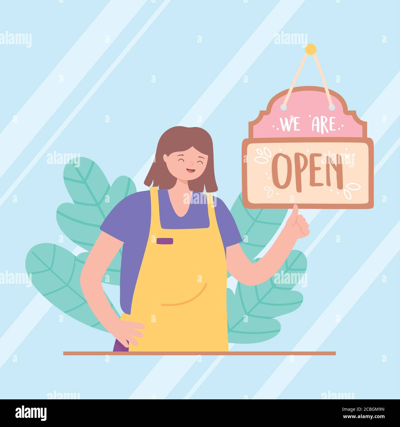 we are open sign young woman employee character with apron vector ...