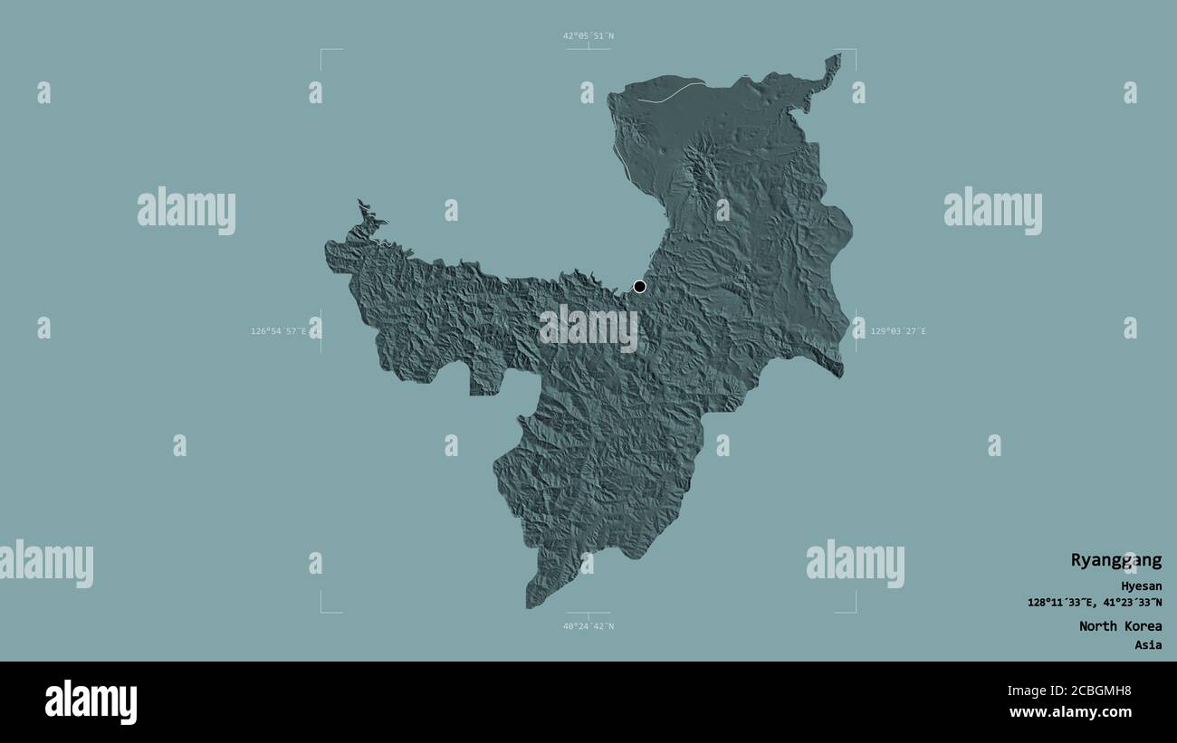 Area of Ryanggang, province of North Korea, isolated on a solid ...