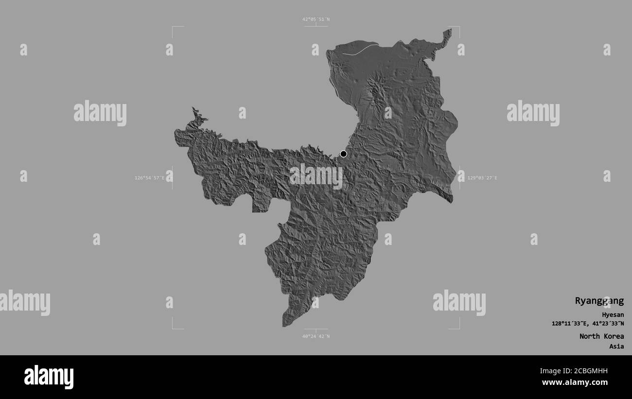 Area of Ryanggang, province of North Korea, isolated on a solid ...