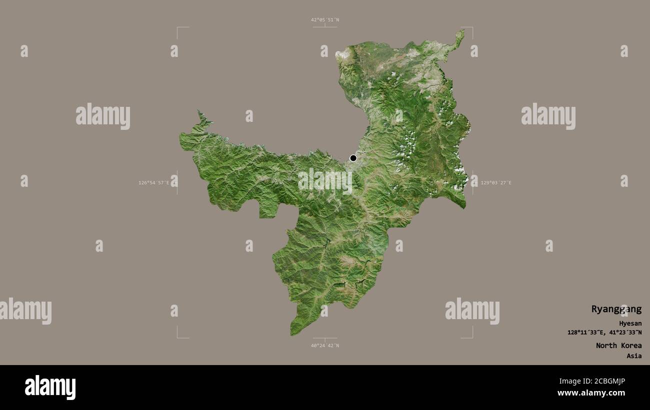 Area of Ryanggang, province of North Korea, isolated on a solid ...