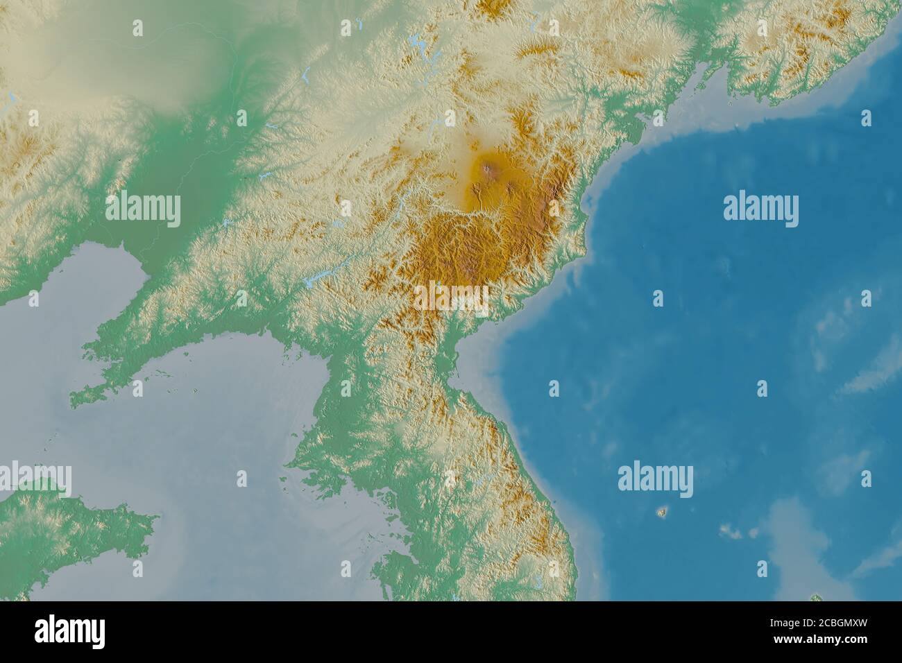 Extended area of North Korea. Topographic relief map. 3D rendering ...