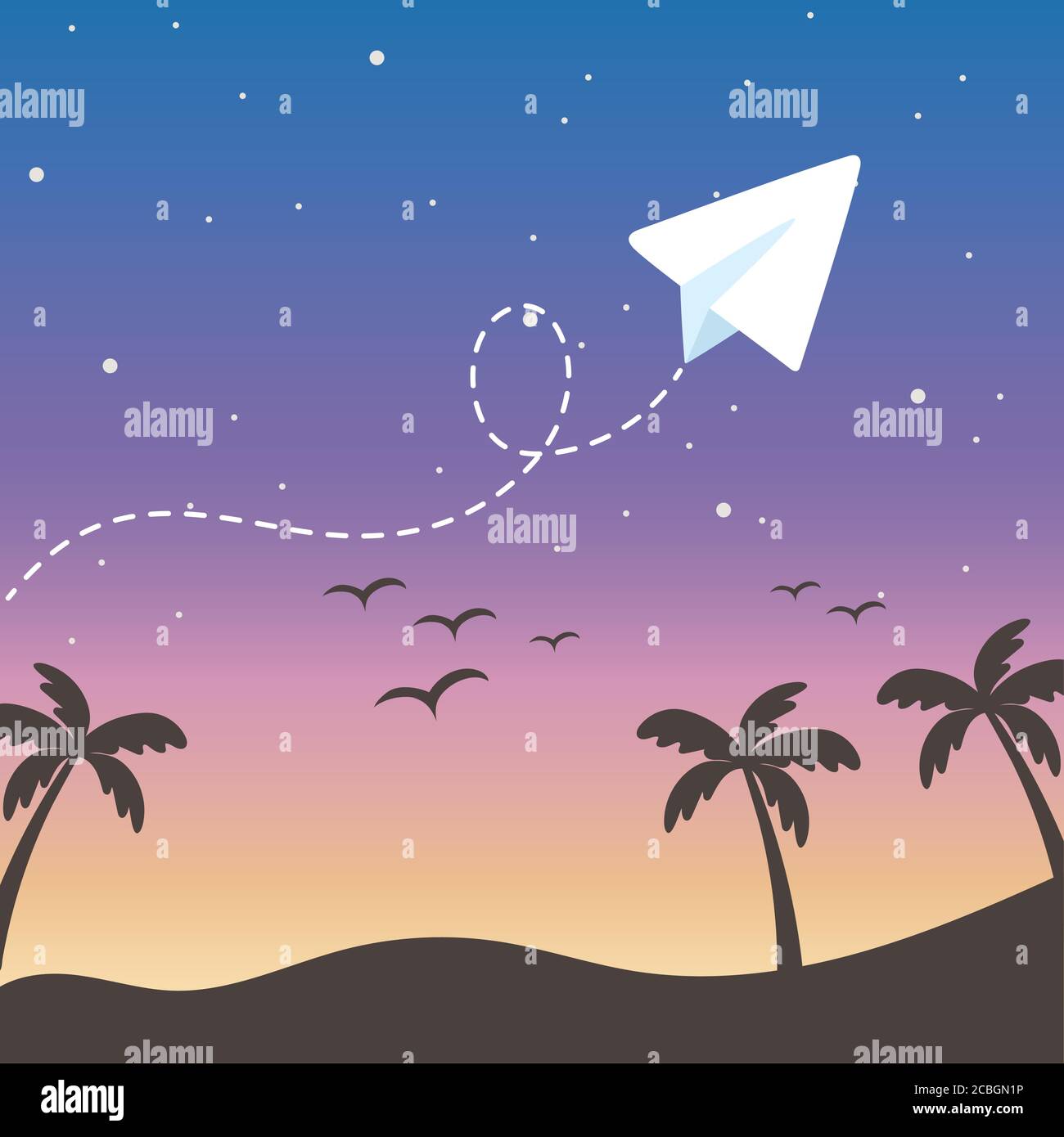 tropical palms tree birds paper plane sunset sky background vector ...