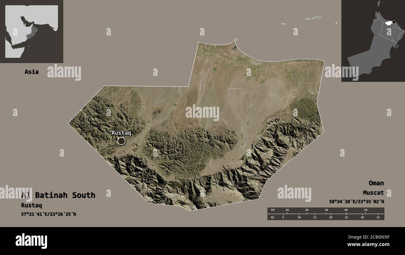 Shape of Al Batinah South, region of Oman, and its capital. Distance ...