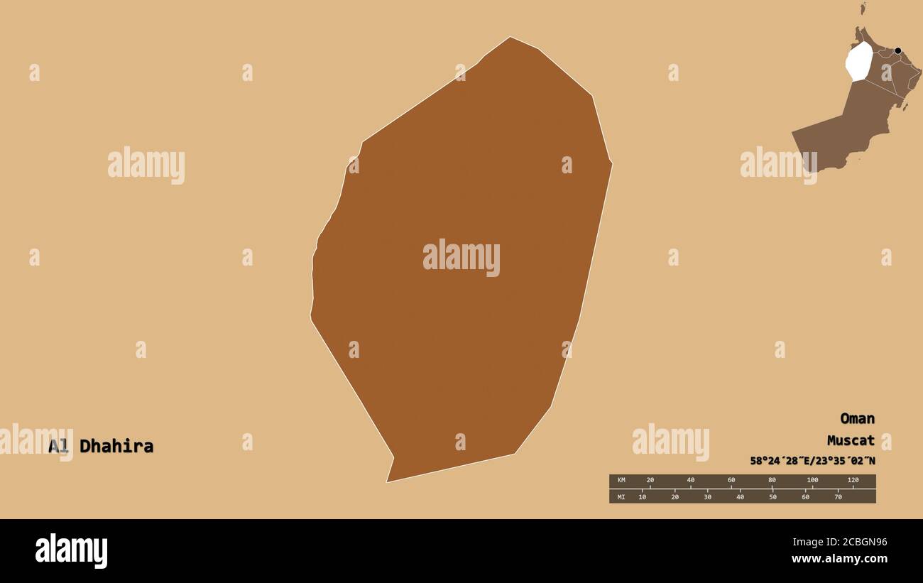 Shape of Al Dhahira, region of Oman, with its capital isolated on solid ...