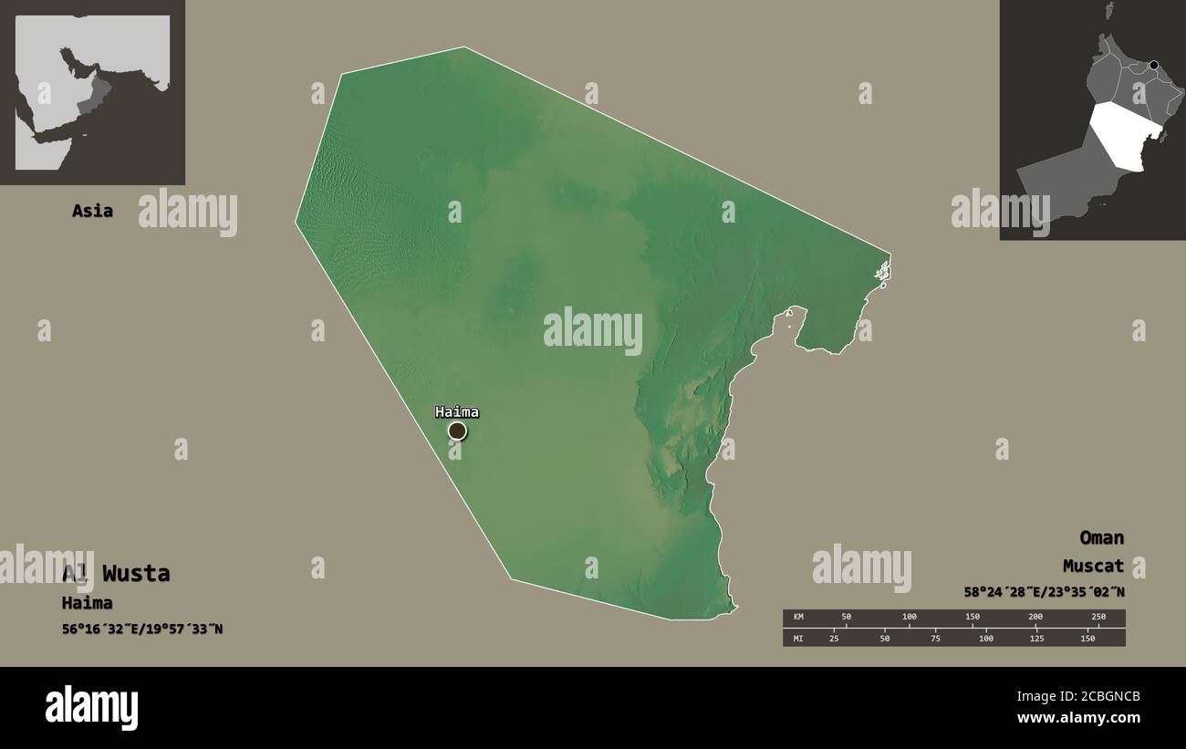 Shape of Al Wusta, region of Oman, and its capital. Distance scale ...
