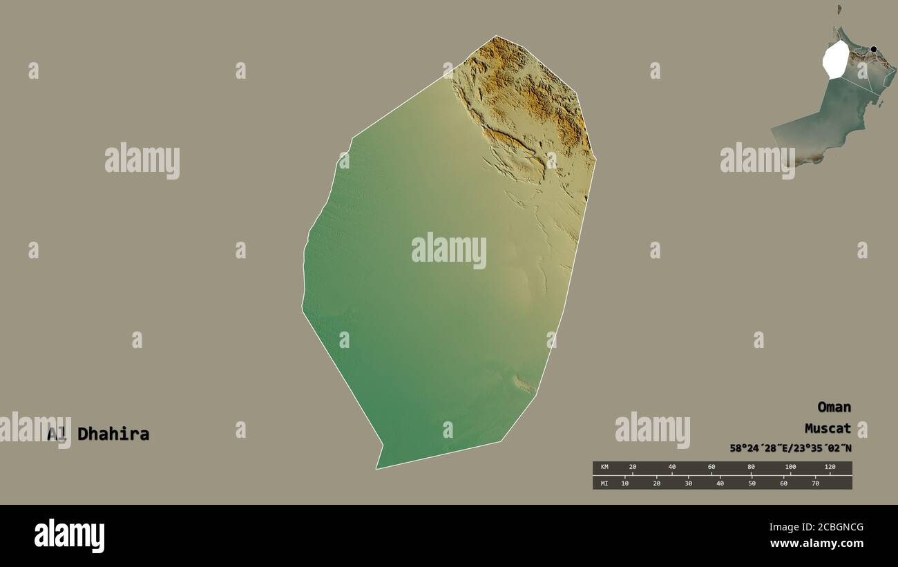 Shape of Al Dhahira, region of Oman, with its capital isolated on solid ...