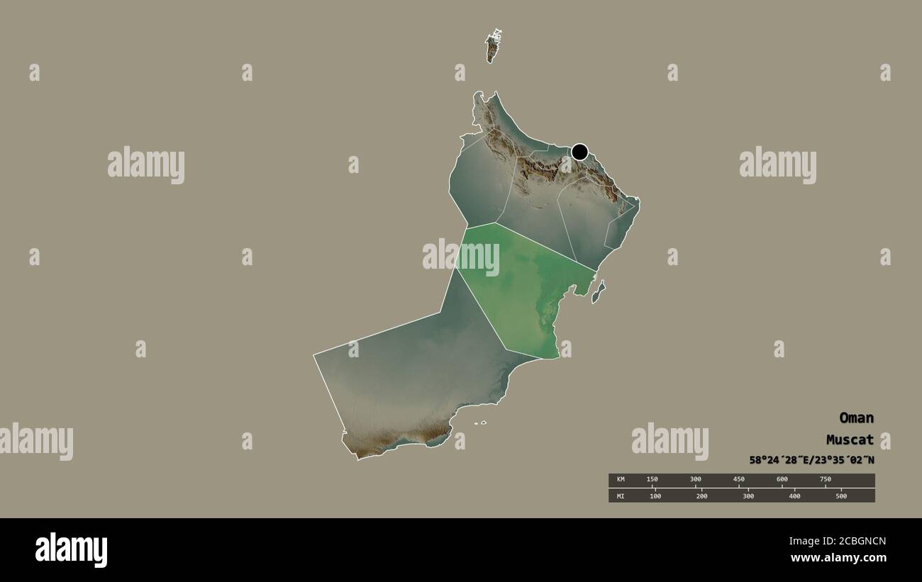 Desaturated shape of Oman with its capital, main regional division and ...