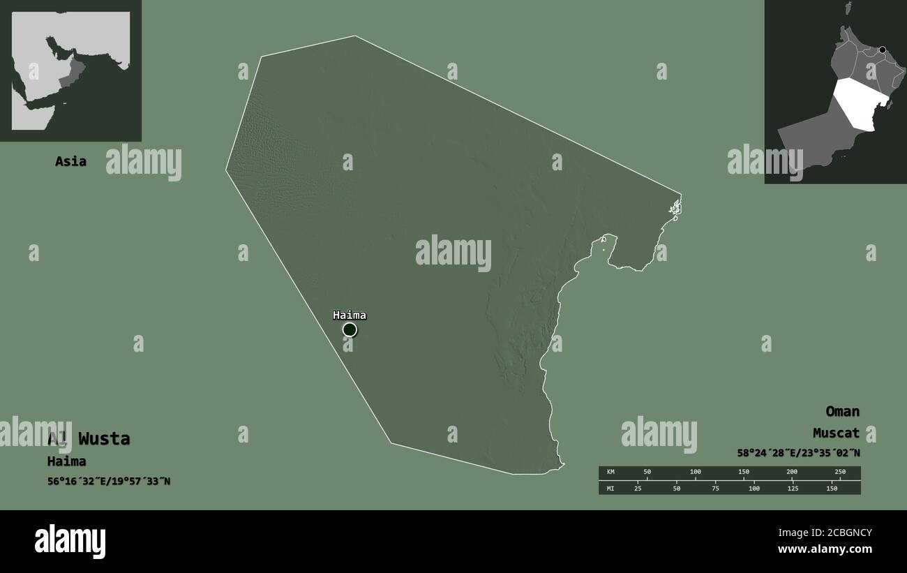 Shape of Al Wusta, region of Oman, and its capital. Distance scale ...