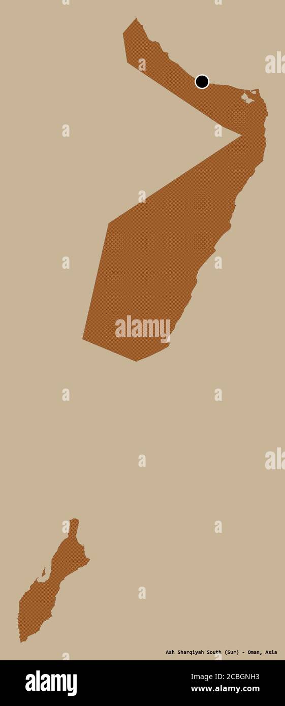 Shape of Ash Sharqiyah South, region of Oman, with its capital isolated ...
