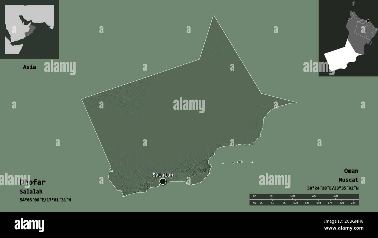 Shape of Dhofar, province of Oman, and its capital. Distance scale ...