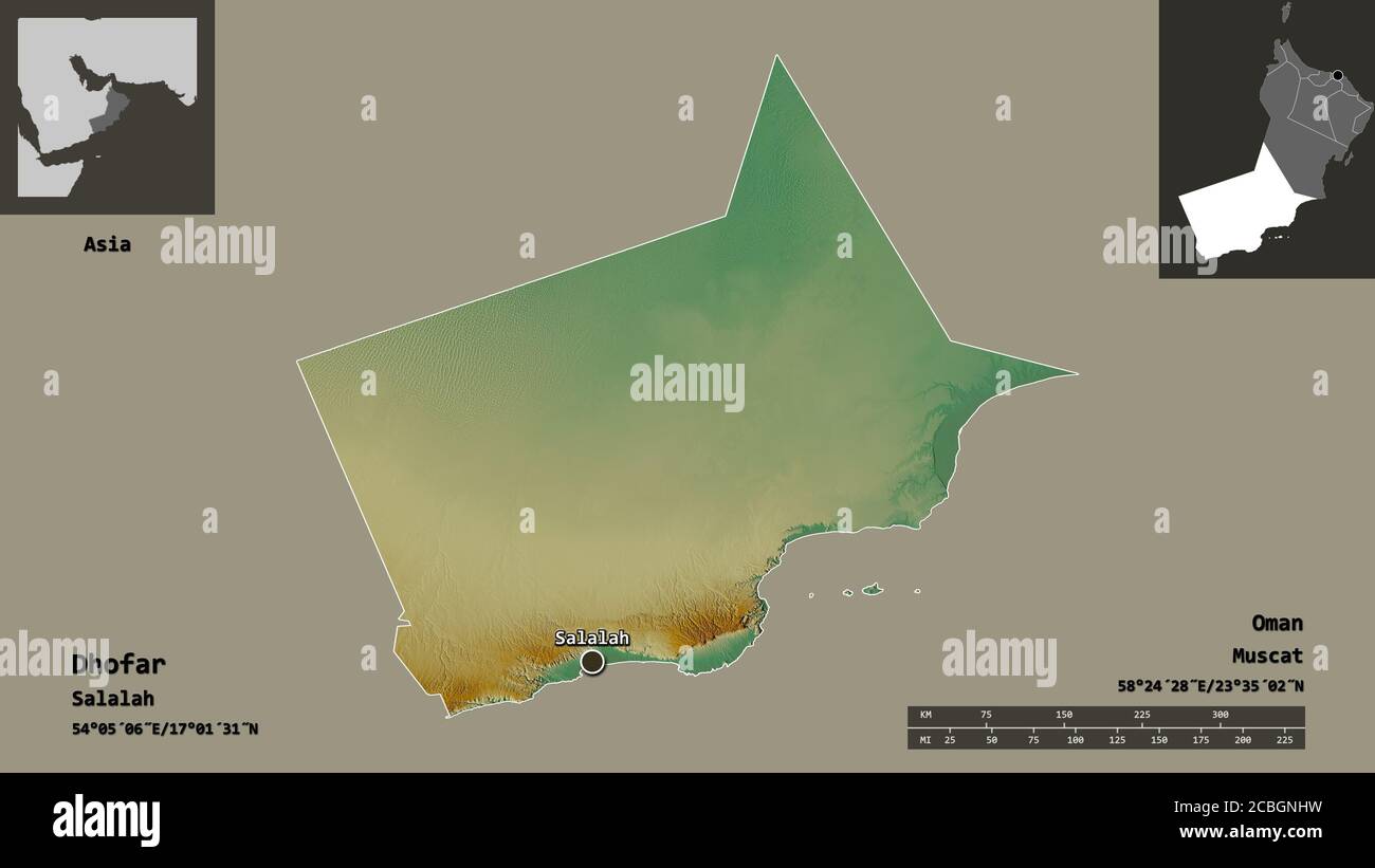 Shape of Dhofar, province of Oman, and its capital. Distance scale ...