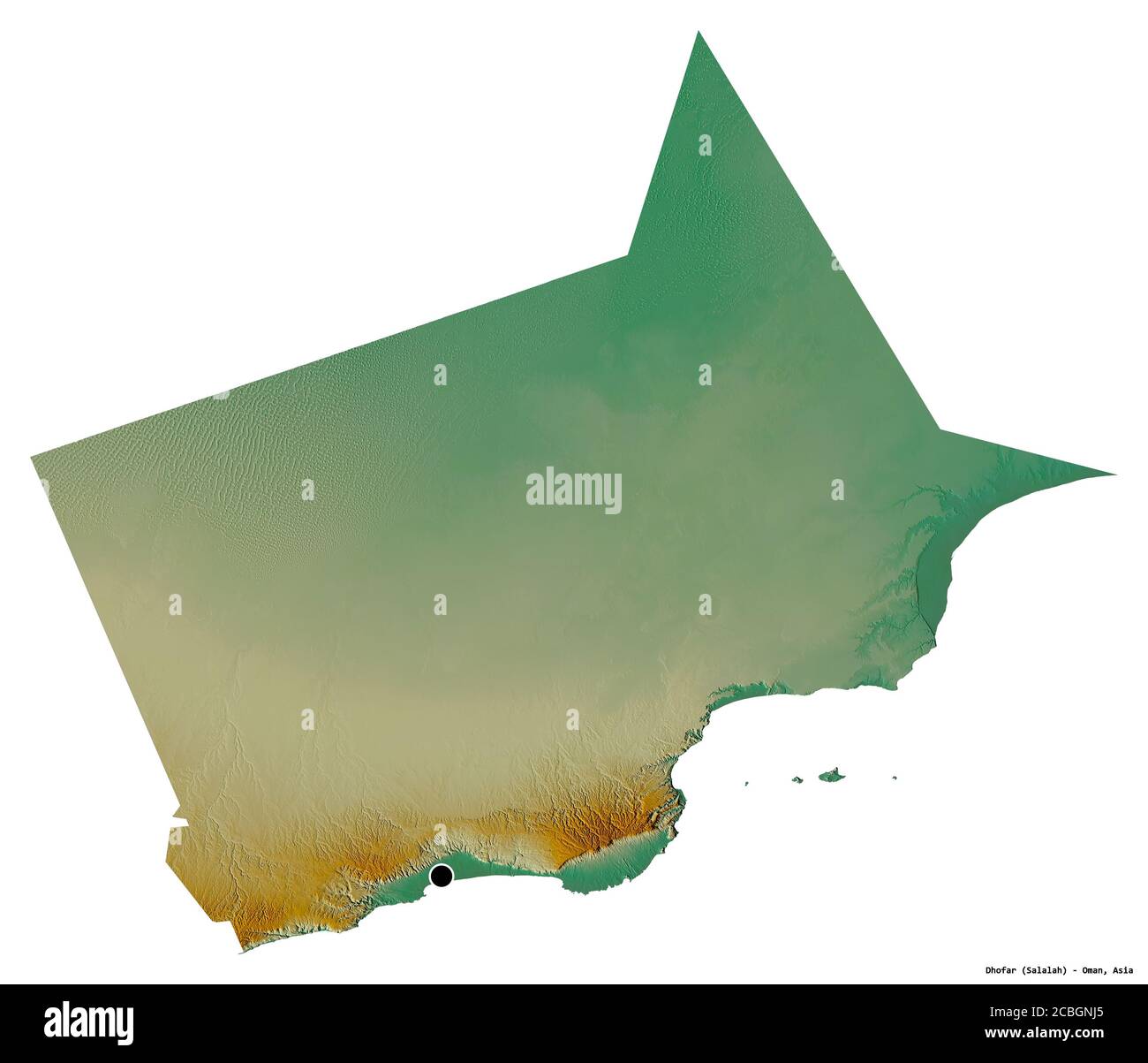 Shape of Dhofar, province of Oman, with its capital isolated on white ...