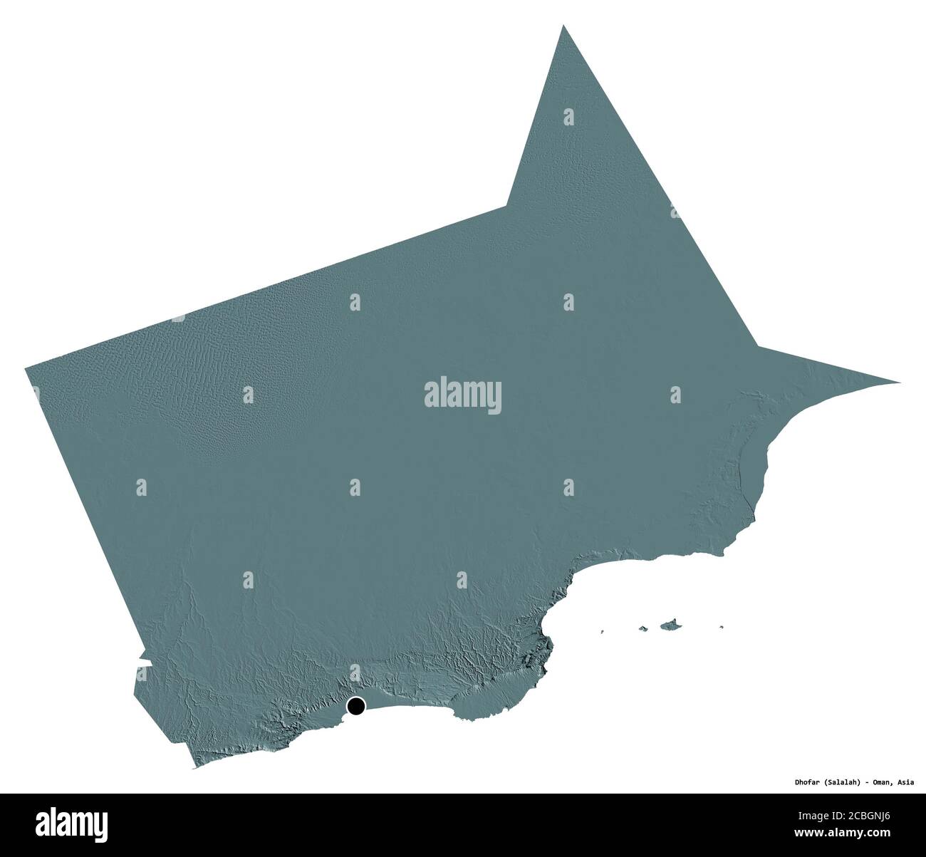 Shape of Dhofar, province of Oman, with its capital isolated on white ...