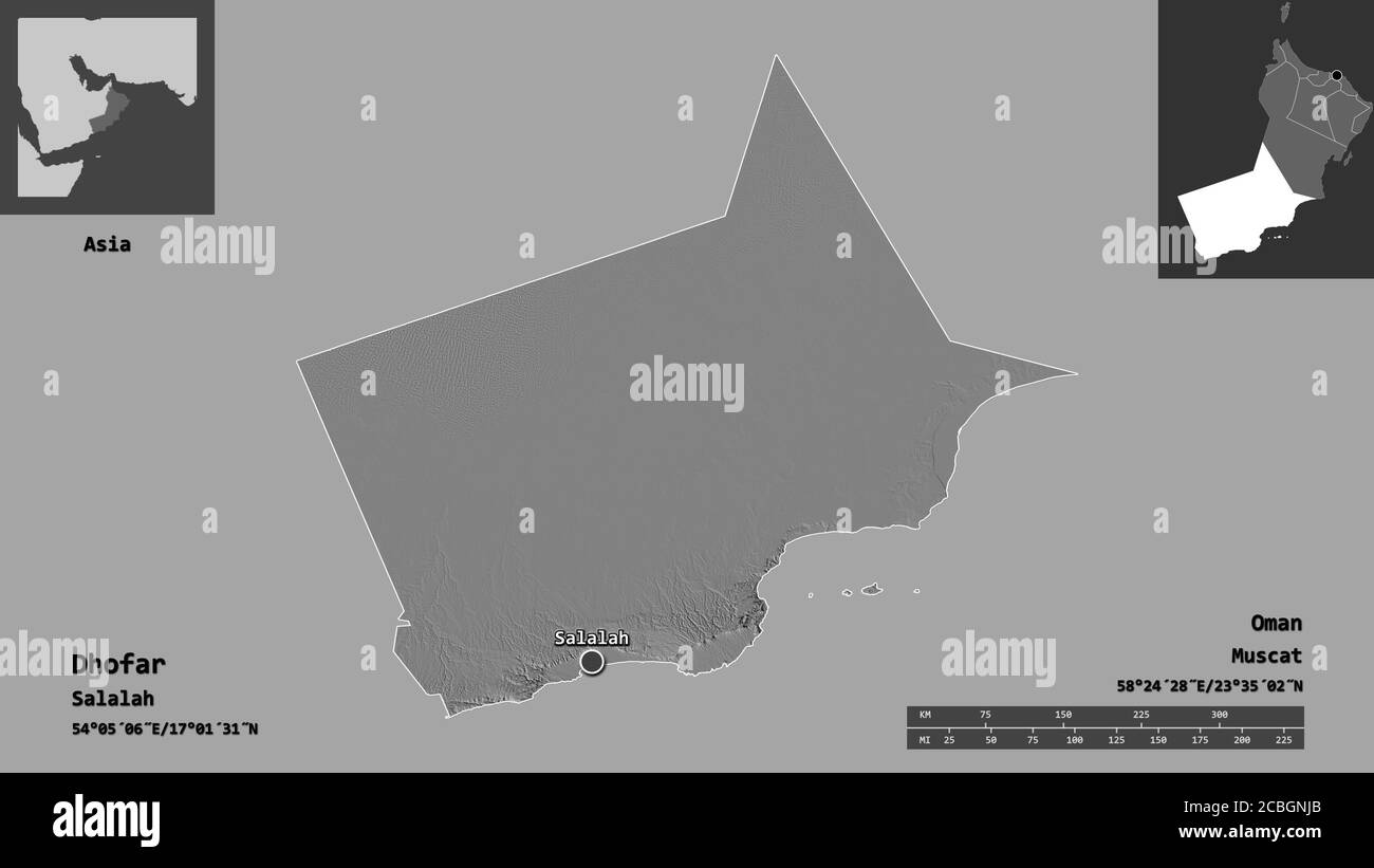 Shape of Dhofar, province of Oman, and its capital. Distance scale ...