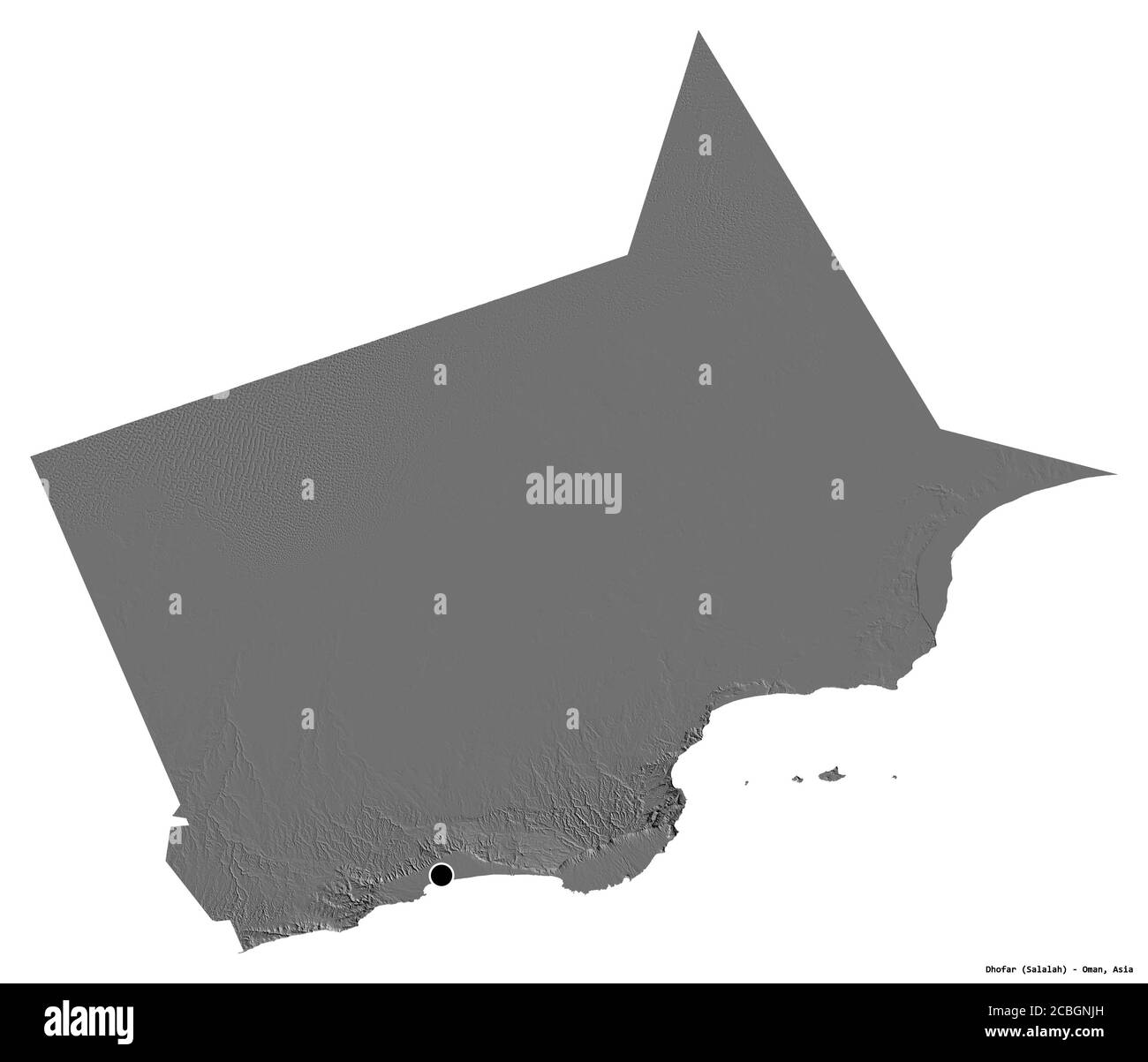 Shape of Dhofar, province of Oman, with its capital isolated on white ...