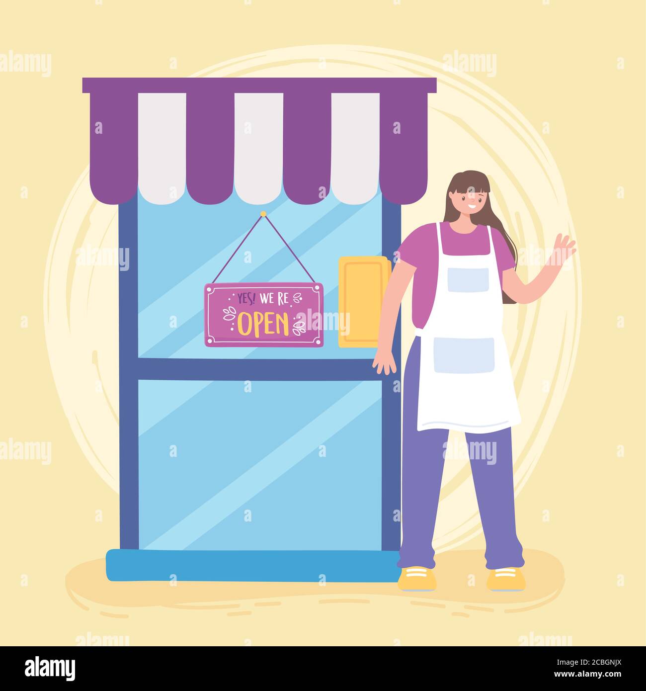 we are open sign, facade with glass door and employee woman cartoon ...